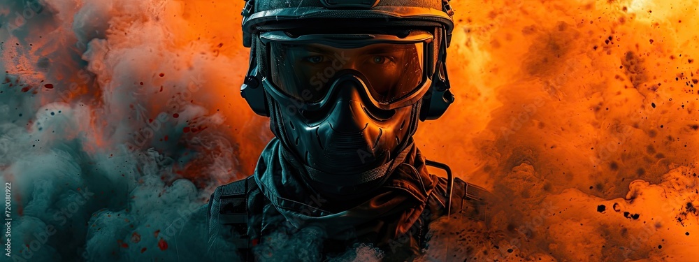 A soldier clad in military camouflage uniform, helmet, and mask ...