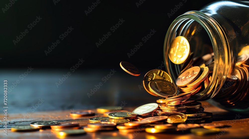 Coins pouring into an overflowing savings jar, symbolizing financial ...