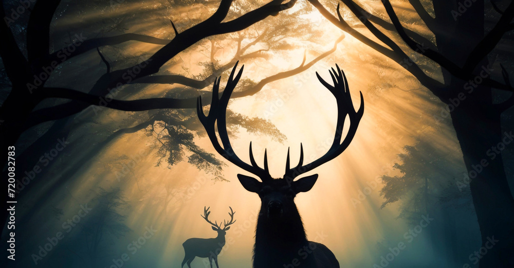 Silhouette of male deer in the dreamy deep forest in the misty morning ...