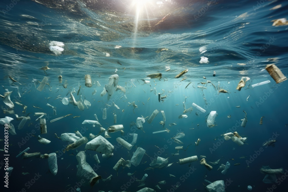 Water of ocean is full of plastic waste and dead sleeping fish ...