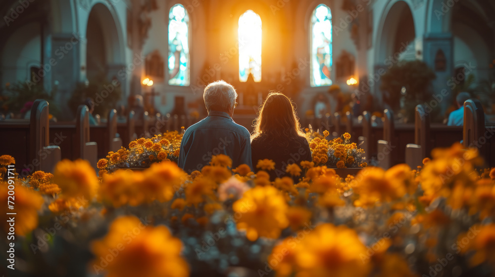Sad, funeral and flowers with couple and coffin in church for death ...
