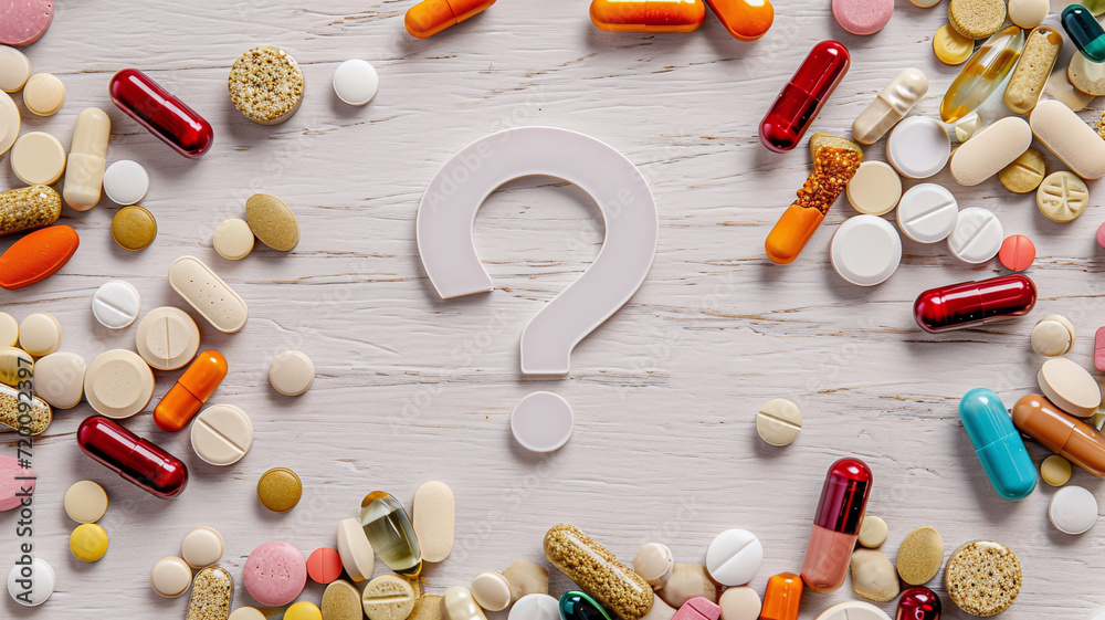 Question mark on a white background with pills and capsules, the ...