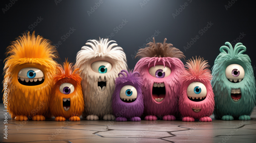 A family of colorful furry monsters, kind and playful, generative AI ...