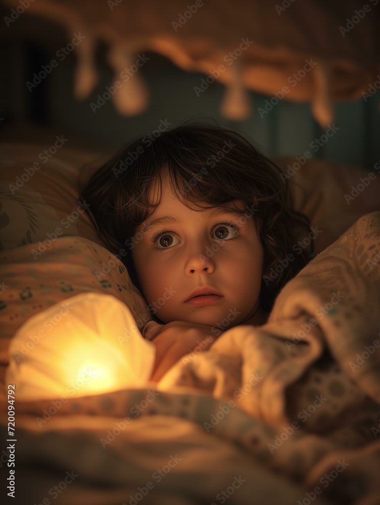 Wide-eyed child with a glowing orb, tucked in bed under a soft blanket ...