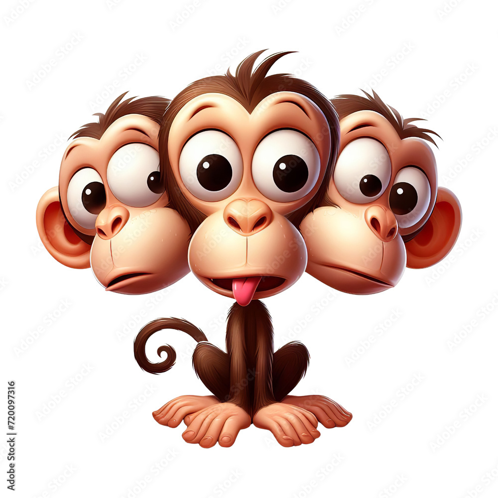 3d rendered illustration of funny three-headed monkey cartoon character on transparent ...