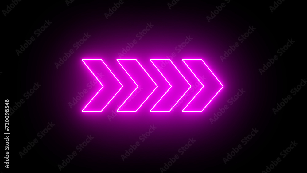 Glowing purple color neon arrows sign. Right direction arrow on black ...
