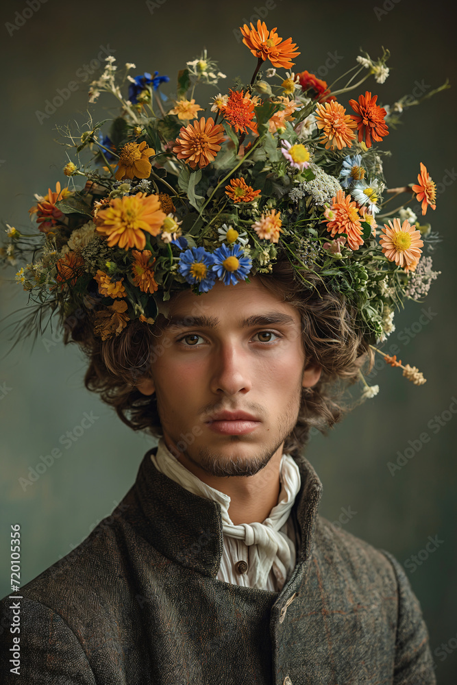 Man with flowers on his head. A man exudes a unique and whimsical style ...