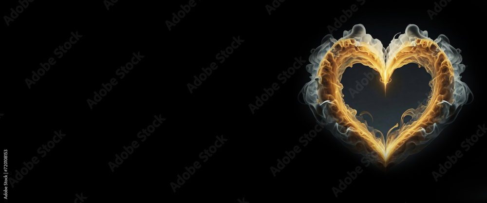 heart made of yellow smoke and fire on black background. Copy space ...