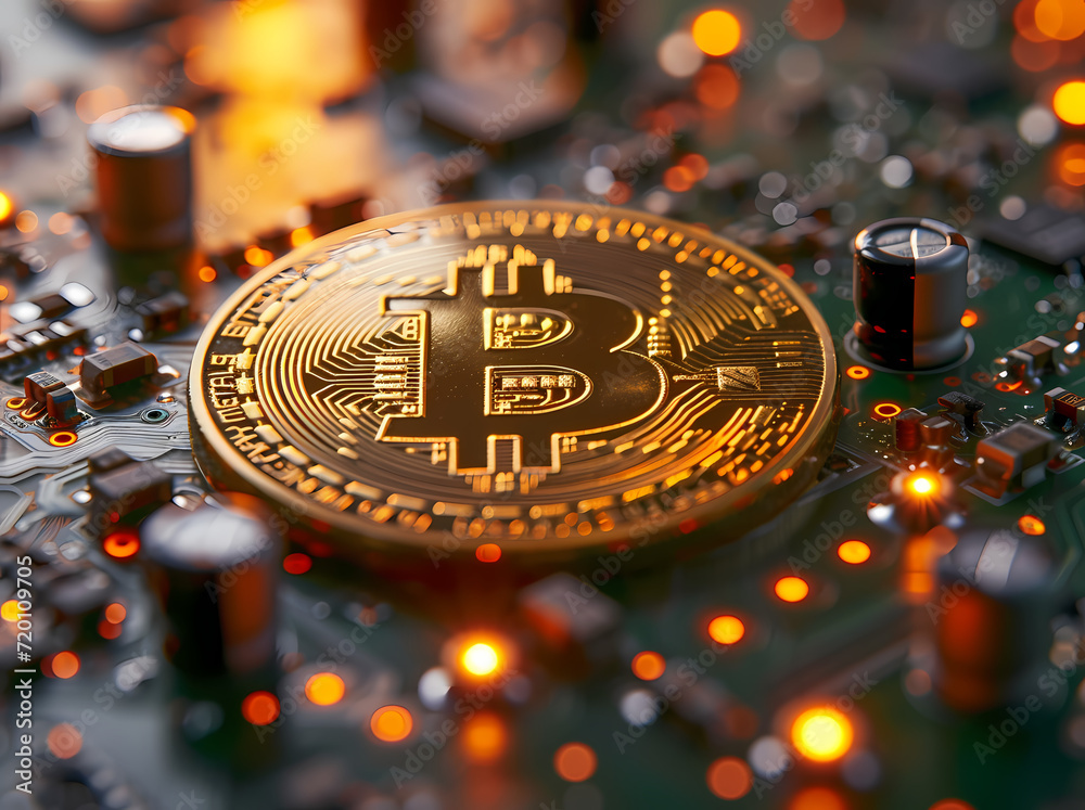 bitcoin, gold coin with intricate details on a metallic background ...