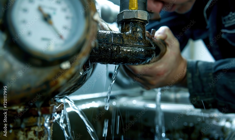 Stationary water engineer at work. plumber carefully fixes a leak from ...