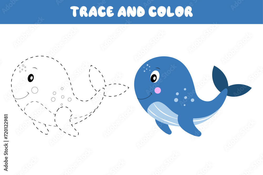 Trace and color cartoon vector whale. Educational coloring book ...