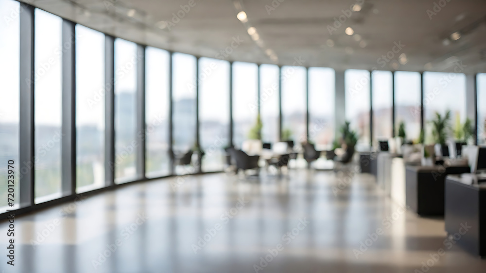 blurred background of a modern office interior with panoramic windows ...