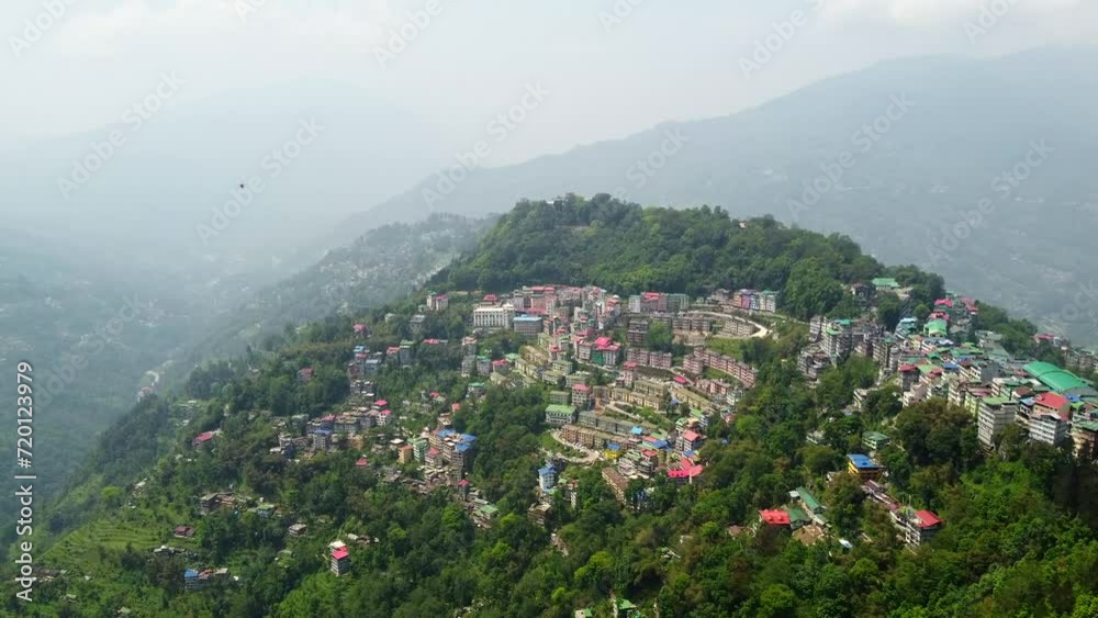 Aerial view of the cloudy day in gangtok city capital of sikkim state.A ...