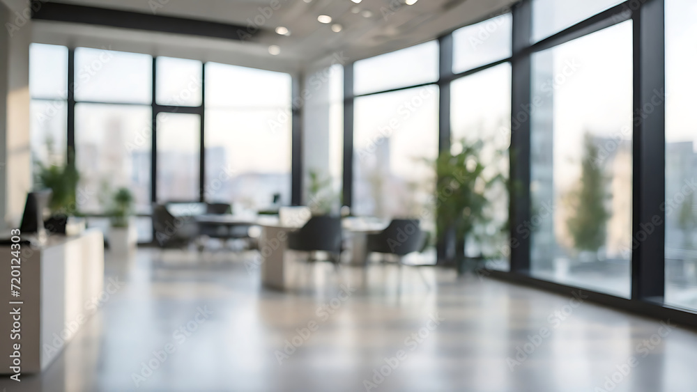 blurred background of a modern office interior with panoramic windows ...