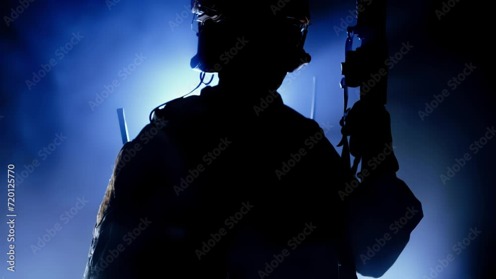 Silhouette military soldier in army camouflage, warrior with weapon ...