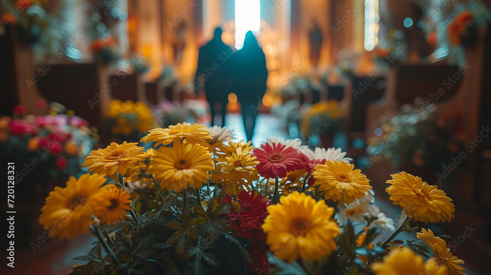 Sad, funeral and flowers with couple and coffin in church for death ...