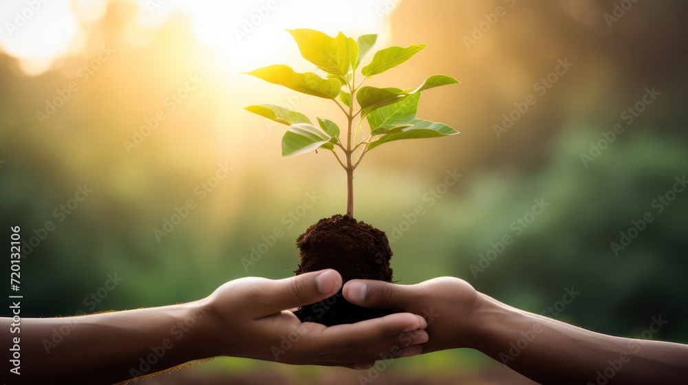 Planting tree seeds for greenery, and drawing two hands as a symbol of ...