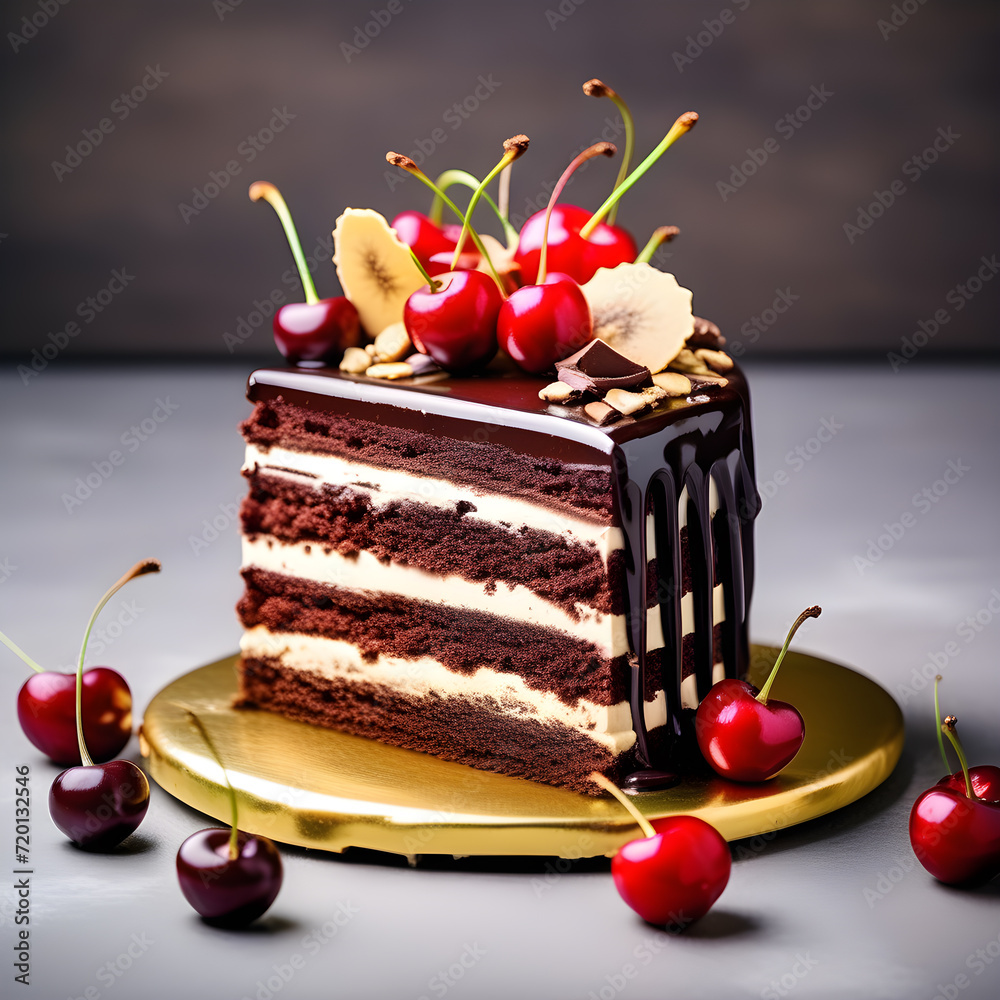 cake slice with berry on top, chocolate garnish mirror glass cake ...