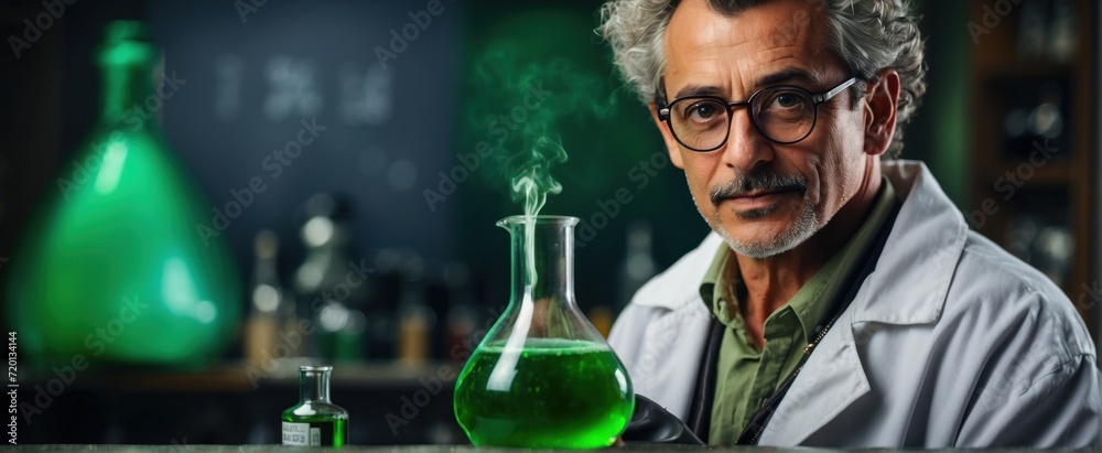 Portrait of an outgoing chemist in a white lab coat in a laboratory ...