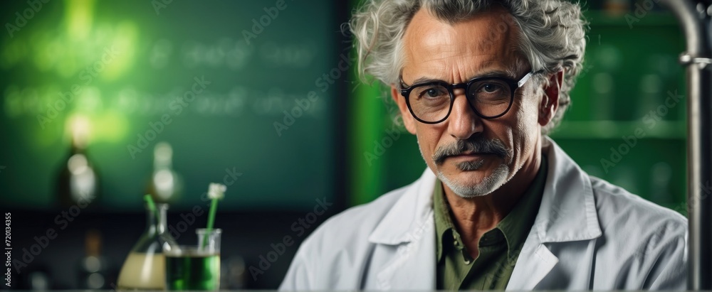 Portrait of an outgoing chemist in a white lab coat in a laboratory ...