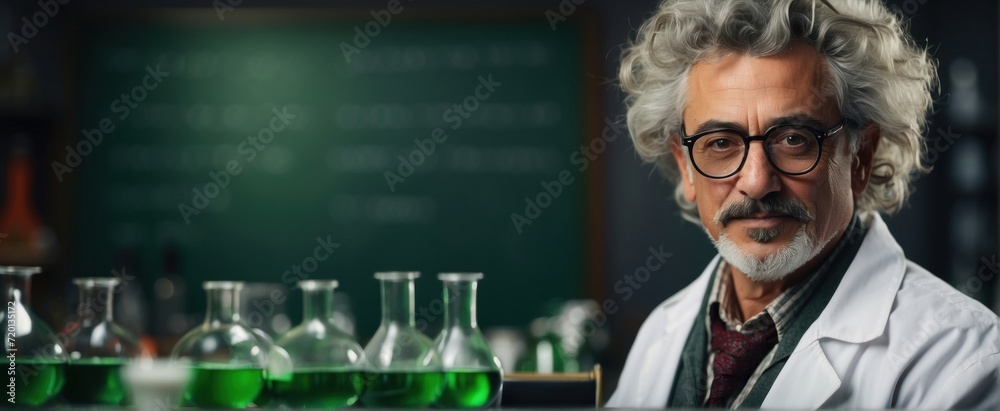 Portrait of an outgoing chemist in a white lab coat in a laboratory ...