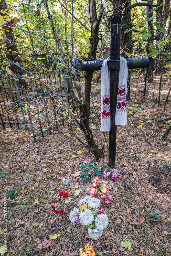 Chernobyl Zone, Ukraine - October 1, 2014: Old cemetery in Pripyat ...