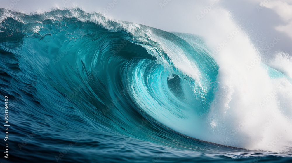 Big wave breaking at sunset stock, Close up detail of powerful teal ...