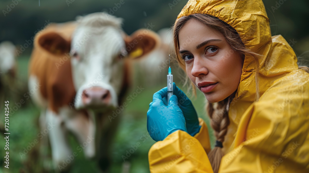 Veterinarian holds a syringe with vaccine on the background of a dairy ...