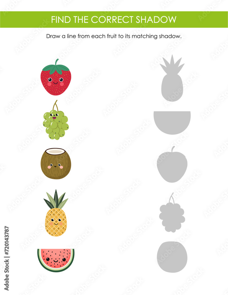 Matching activity for kids. Fruits and shadows matching worksheet for ...