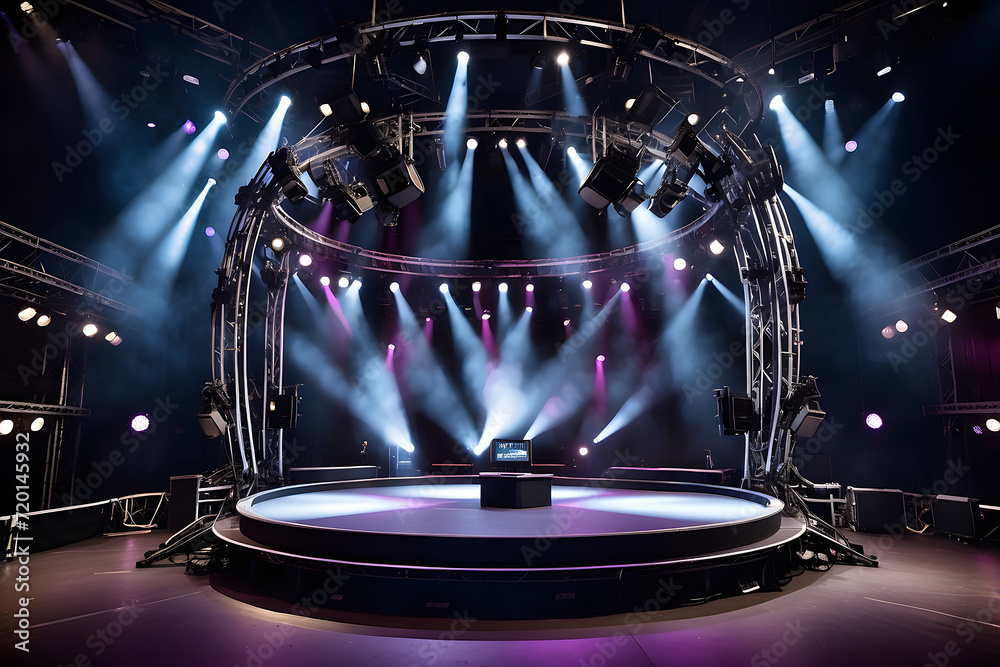 Live stage production with a circular light truss, in a center stage ...