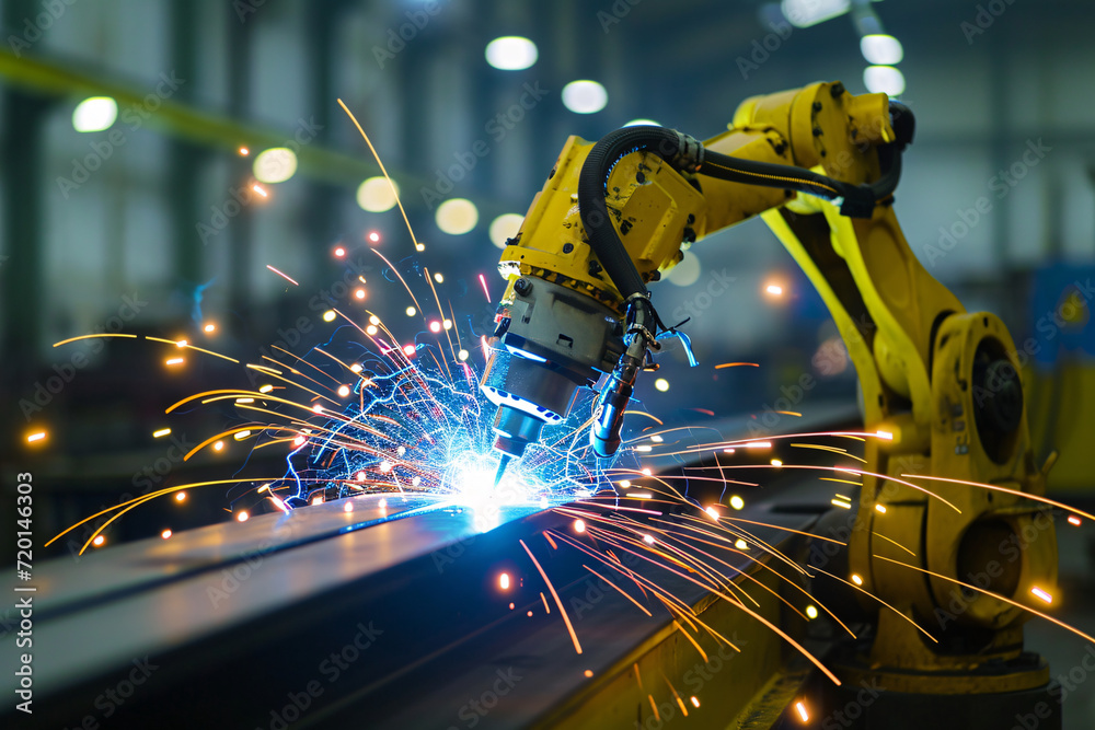 Industrial robot working on factory assembly line, 3D rendering of ...