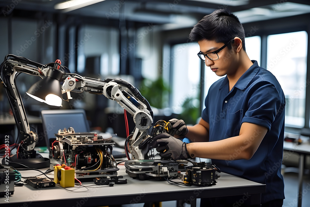 Student engineer Assembling Robotic Arm with computer in Technology ...