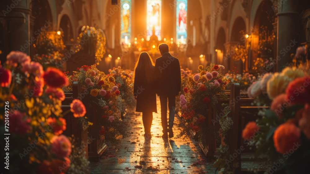 Sad, funeral and flowers with couple and coffin in church for death ...
