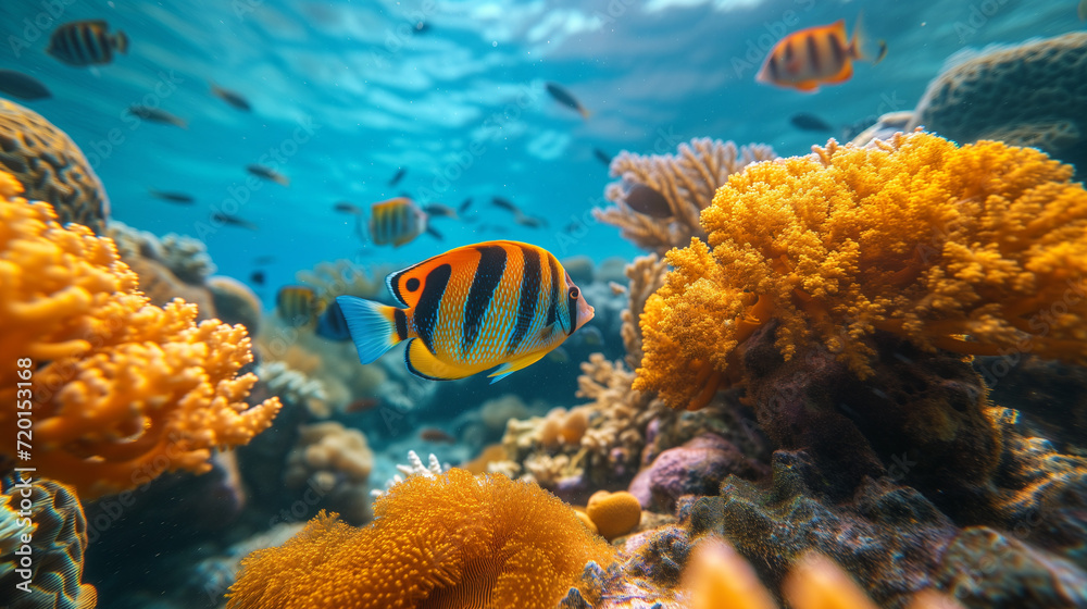 Tropical sea underwater fishes on coral reef. Aquarium oceanarium ...