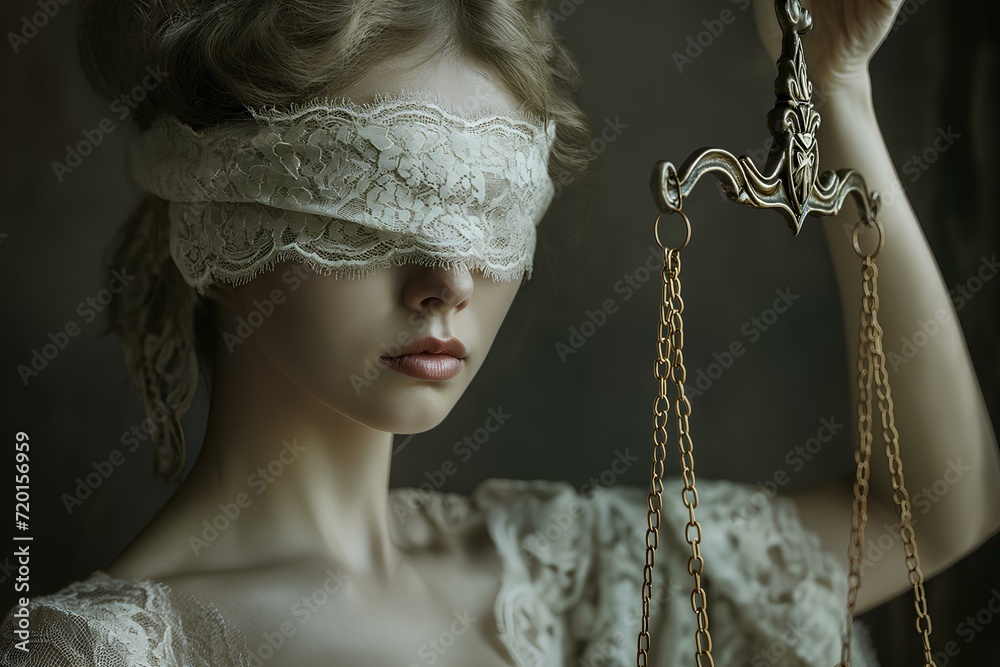 Iustitia, lady justice, white lace band over her eyes, scale in her ...
