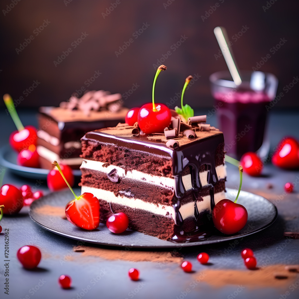 cake slice with berry on top, chocolate garnish mirror glass cake ...