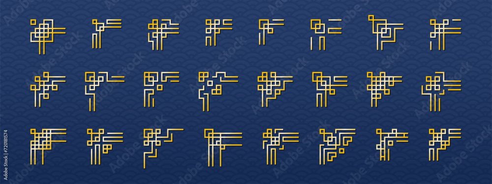 Big Set of Chinese frame corners. Traditional Asian pattern. Gold ...