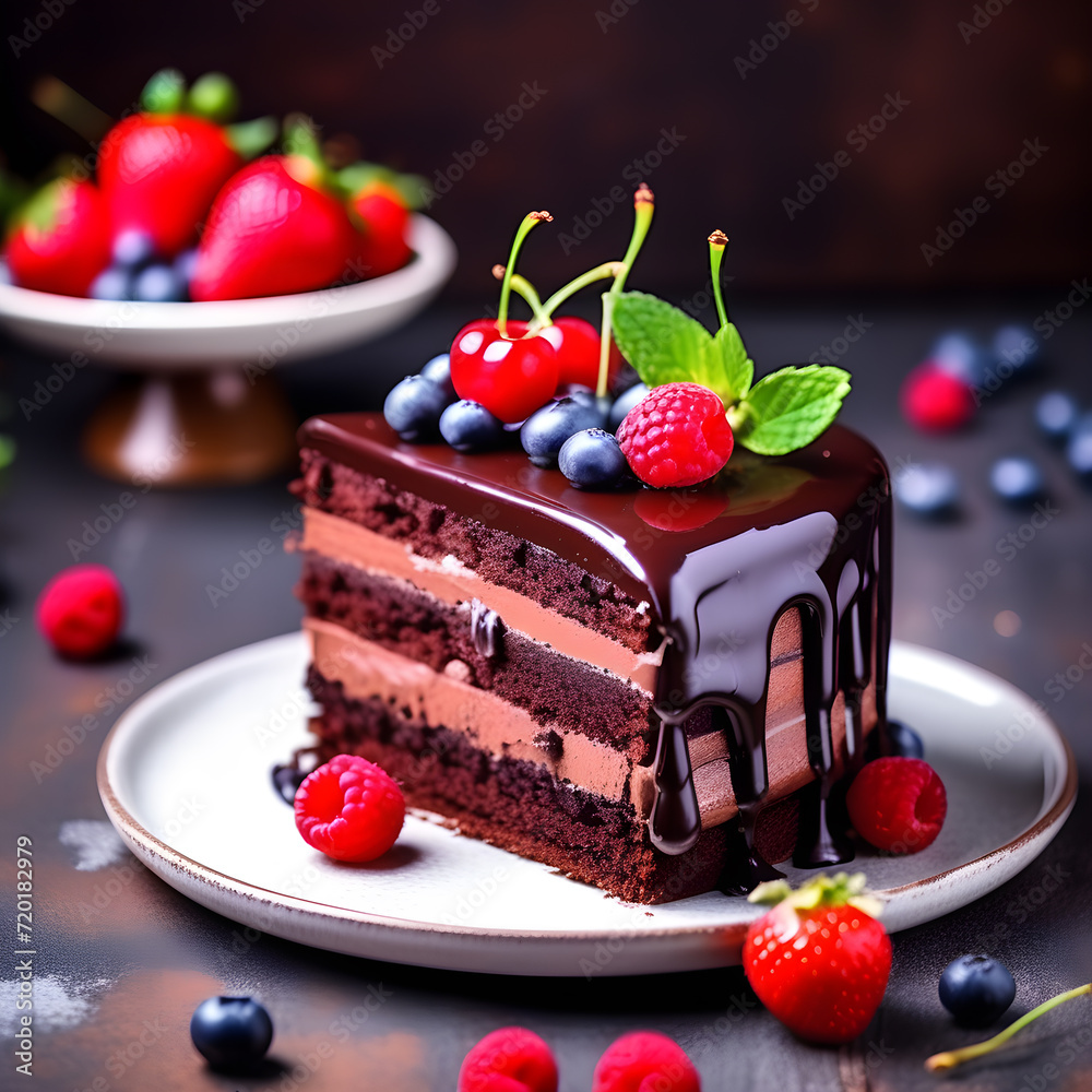 cake slice with berry on top, chocolate garnish mirror glass cake ...