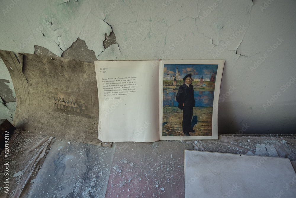 Pripyat, Ukraine - October 2, 2014: Book with Lenin in Middle School No ...