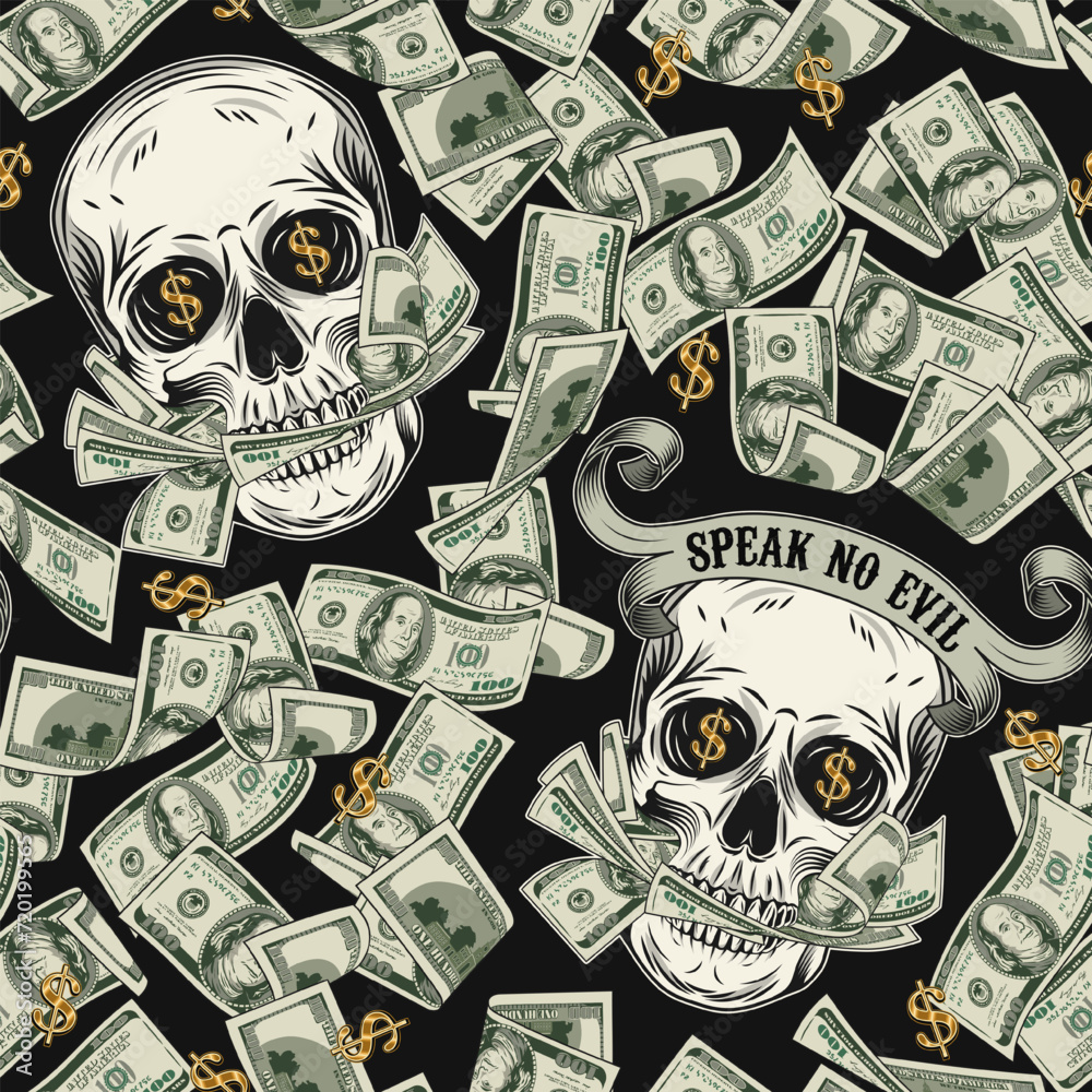 Seamless pattern with skull, money, pile of 100 dollar bills, dollar ...