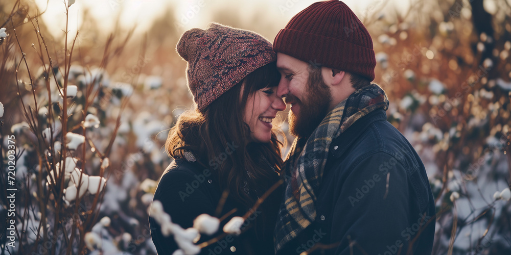 Couple in winter hats forehead to forehead, sharing a moment in a snowy ...
