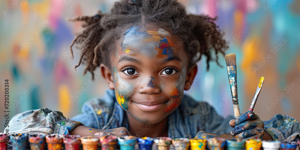 Child painting messy face, finger painting children, vibrant paints ...