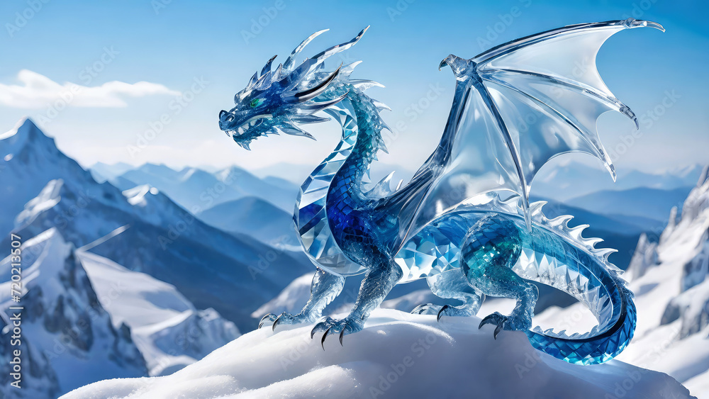 Blue ice dragon with transparent wings on a snowy mountains background ...