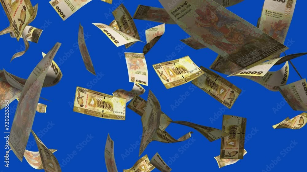 3D animation of Sri Lankan rupee notes Falling On blue screen. Remove ...