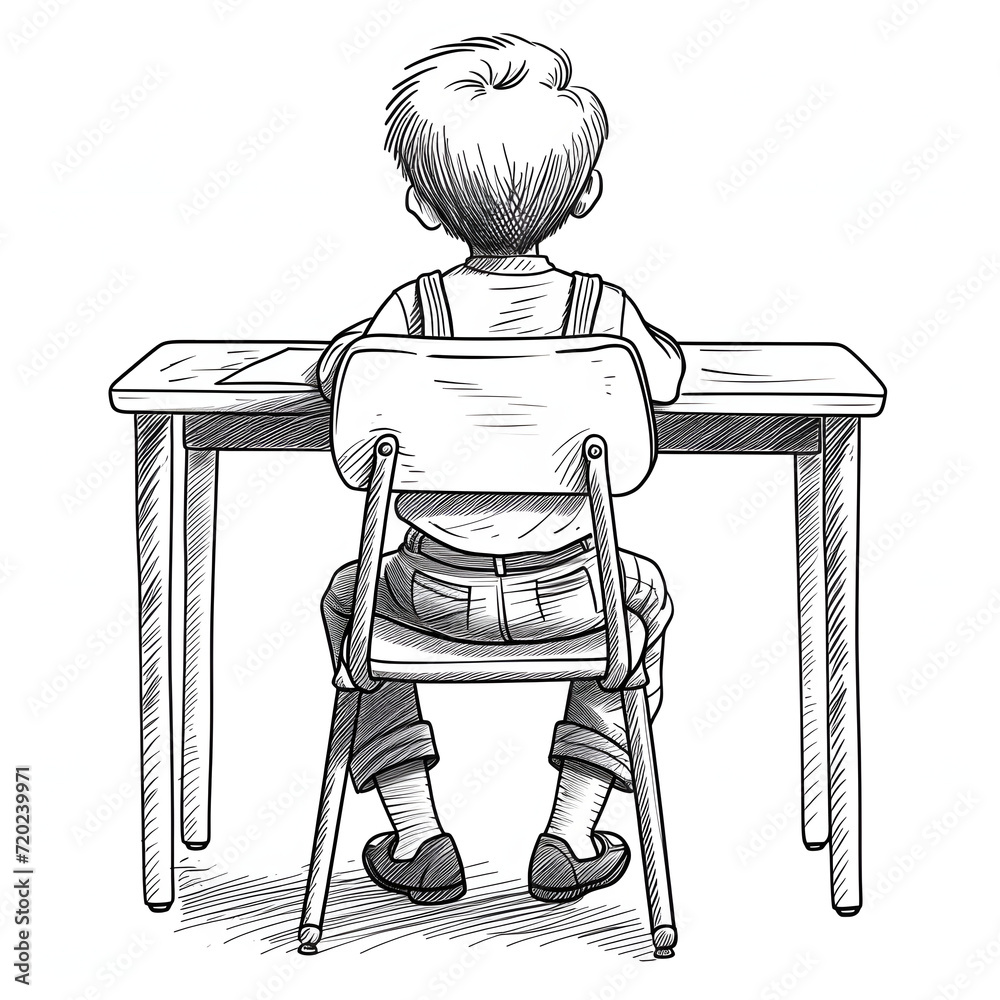 Child learning in a basic classroom setting isolated on white ...