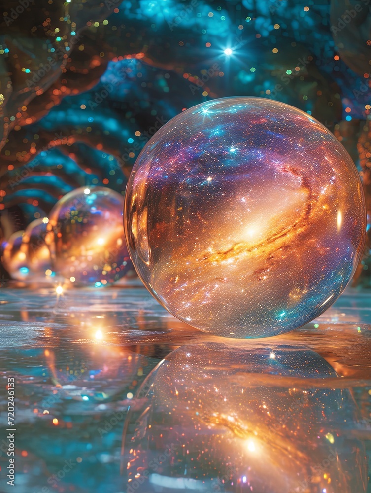 Reflective galactic orbs with cosmic texture on a water surface Stock ...