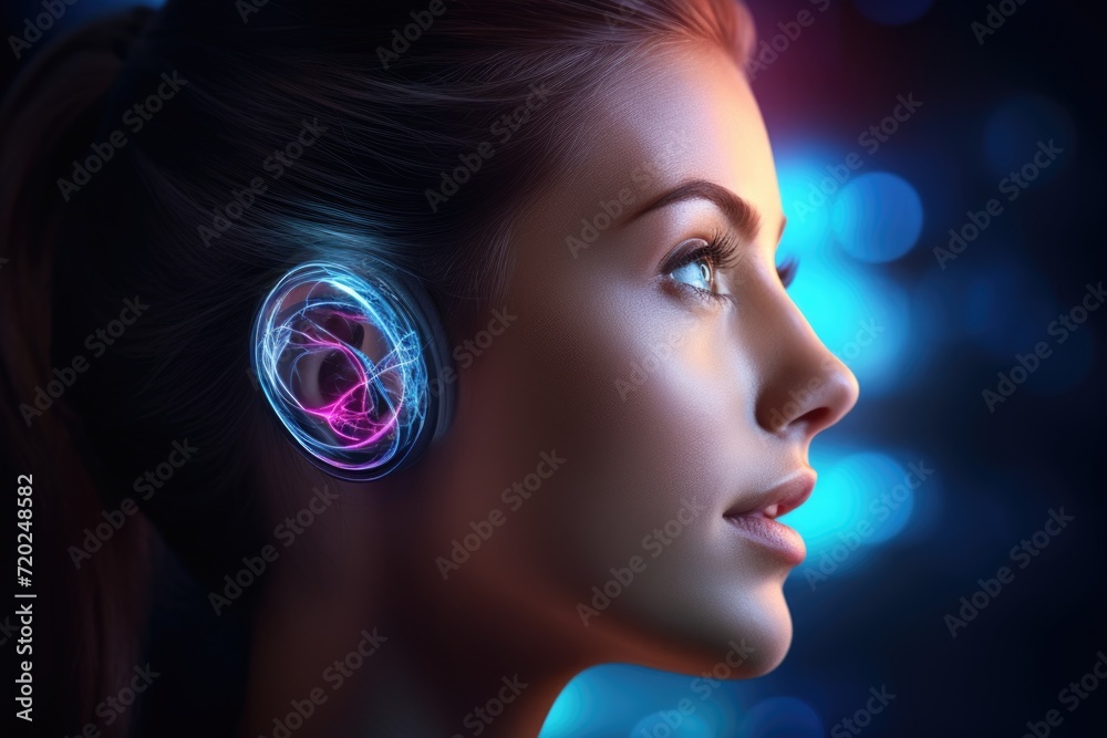 Young womans hearing test with sound wave simulation. Stock ...