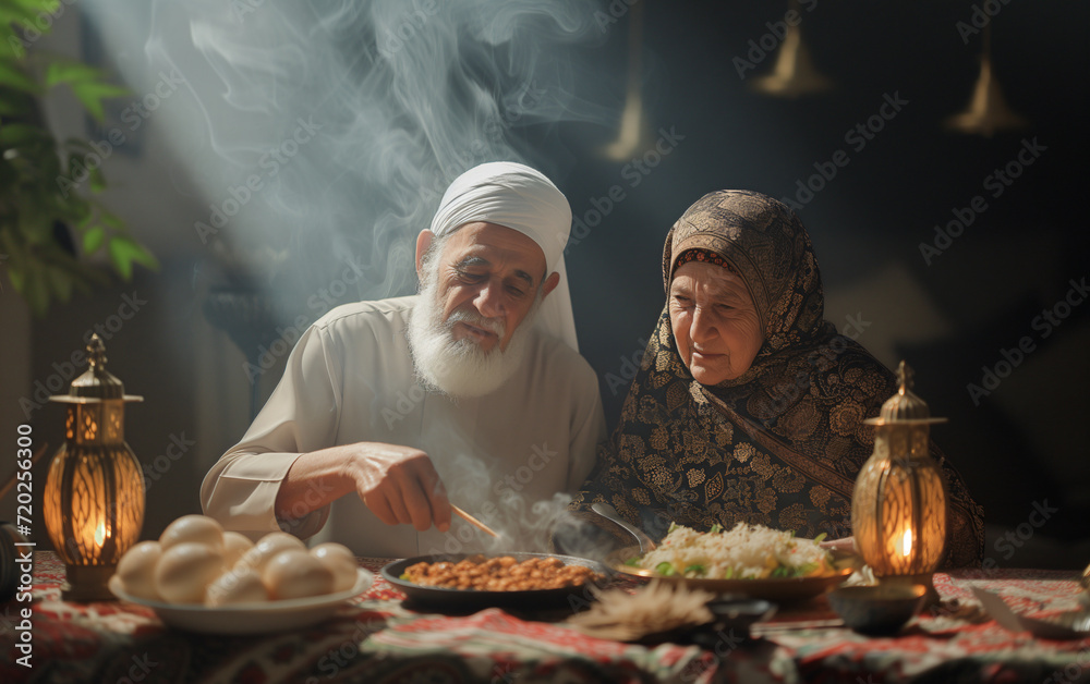 Muslim old man and muslim old woman with some dish of Ramadan and lamp ...