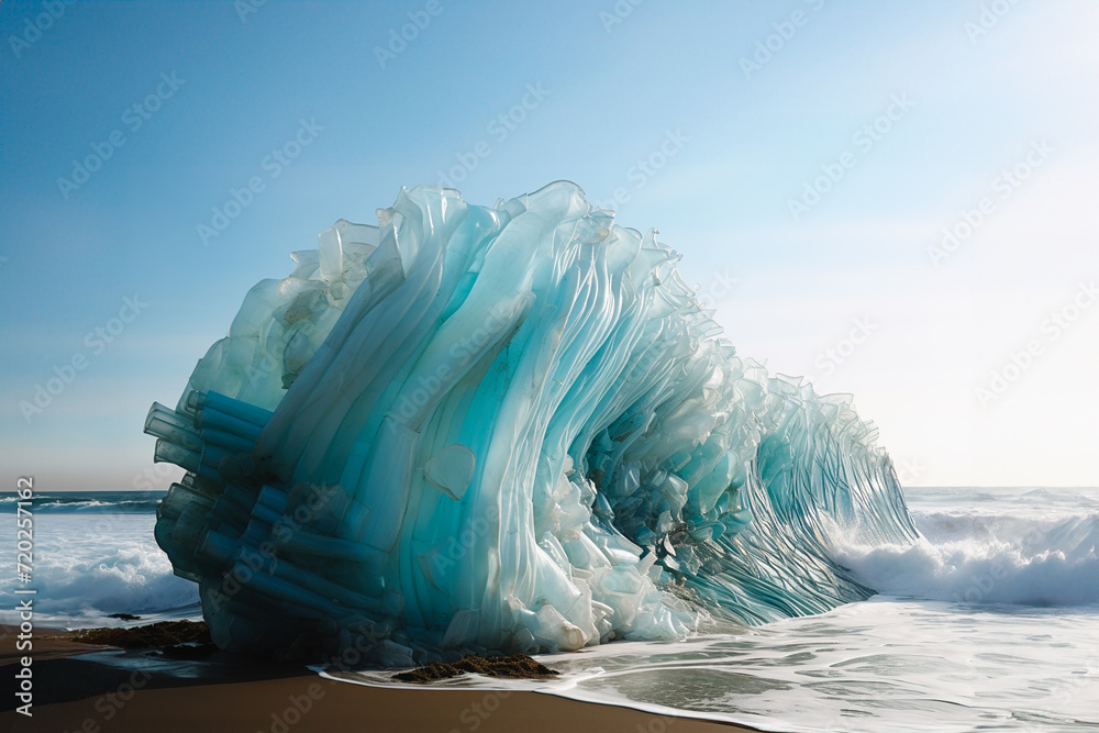 Plastic wave on shoreline depicting environmental issue. Generative AI ...