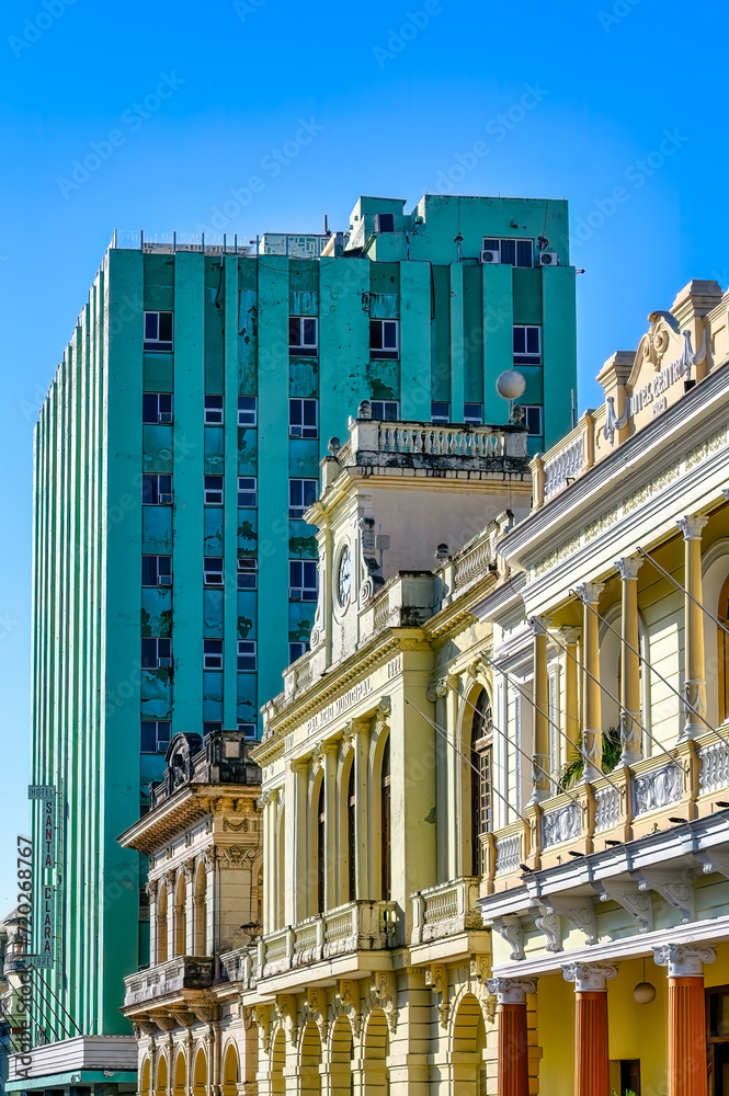 Facade of famous buildings in Santa Clara, Cuba. The area is a National ...